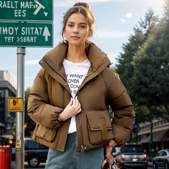 Women's fashionable quilted puffer jacket with a generous hood and fun ...