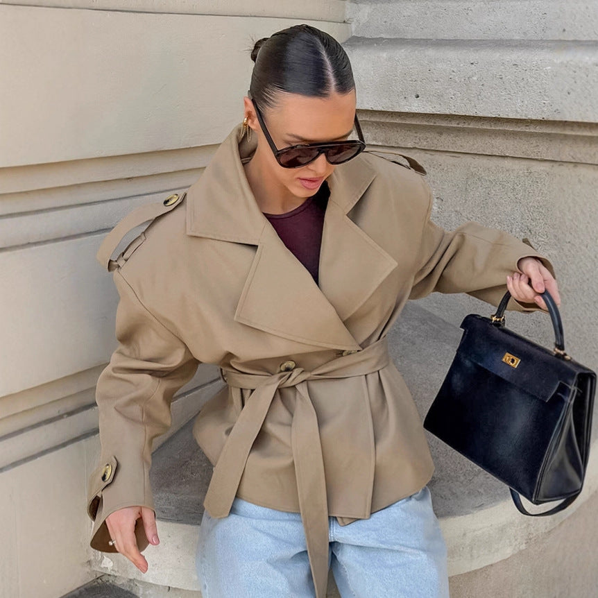 Women Oversized Trench Coat with Wide Collar and Decorative Button Det ...