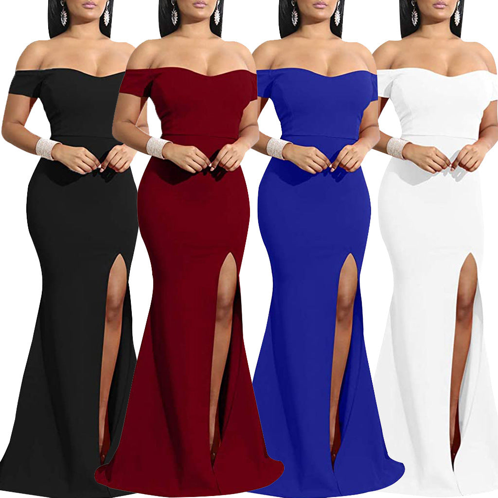 Ivyshape | Bare Shoulder Split Dress In Solid Color