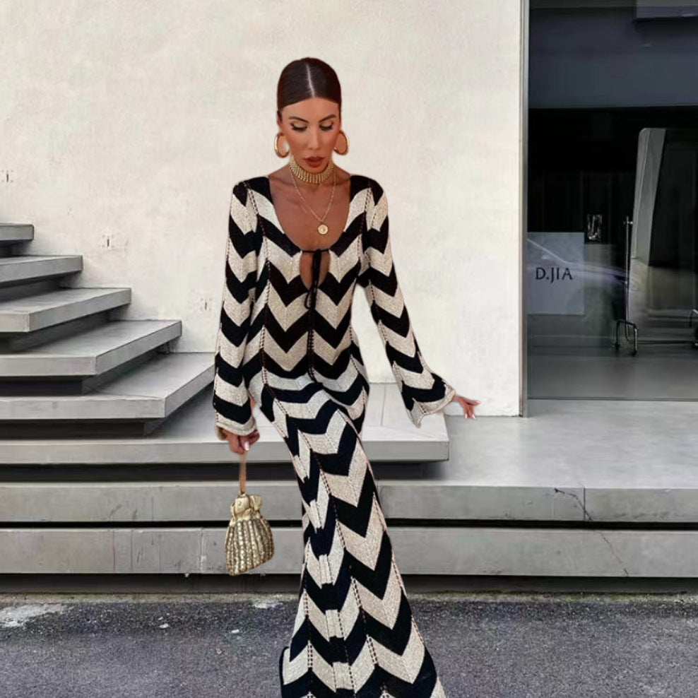Women's Knit Maxi Dress with Zigzag Pattern and Subtle Cut-Outs Ivysha ...