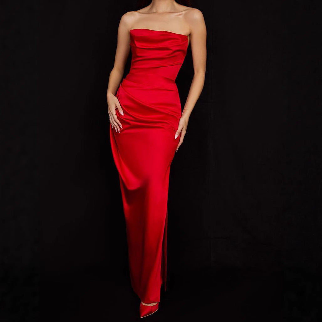 Women Elegant Strapless Maxi Dress with Innovative Draping Design Ivys ...