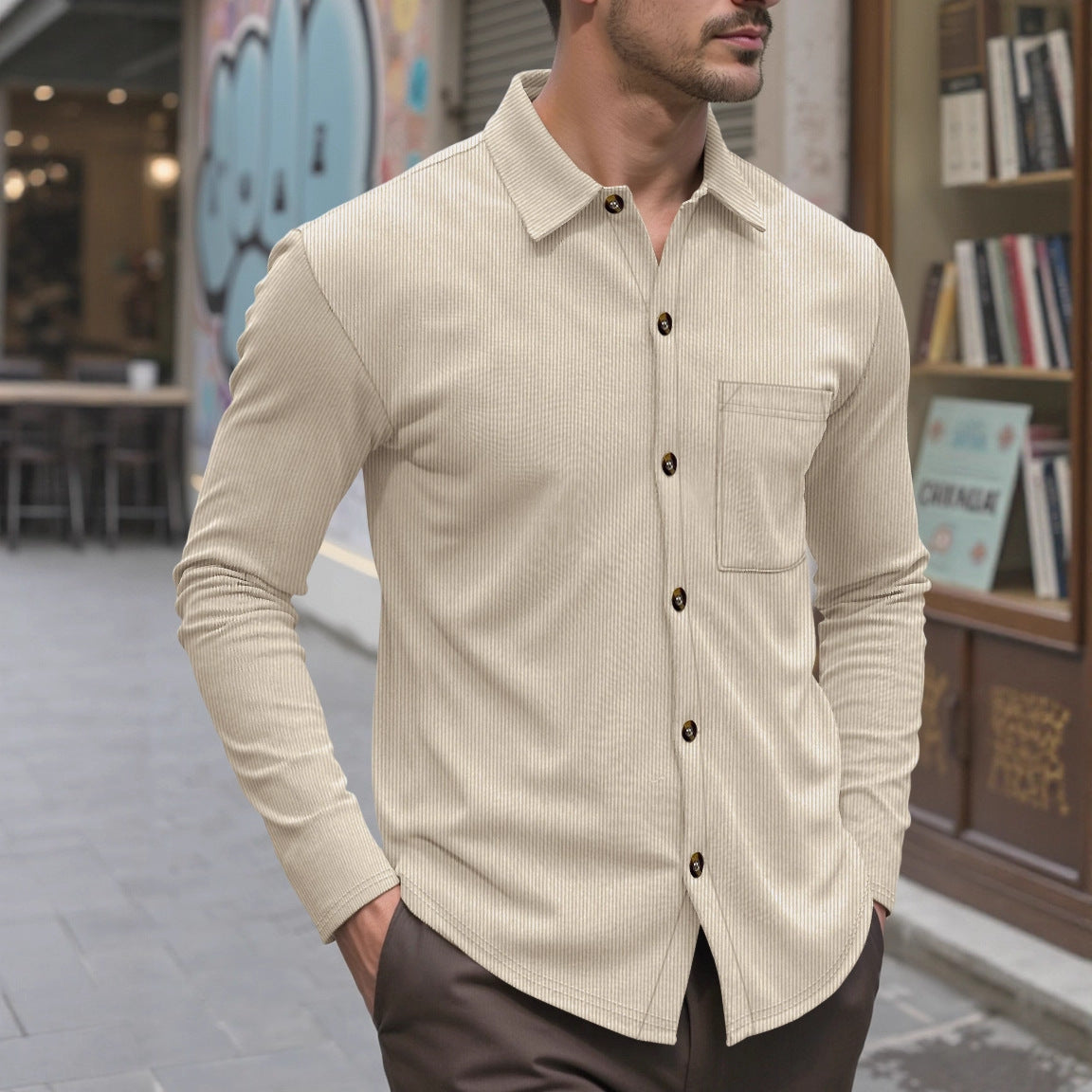 Men's stylish long-sleeve shirt with subtle texture and practical ches ...